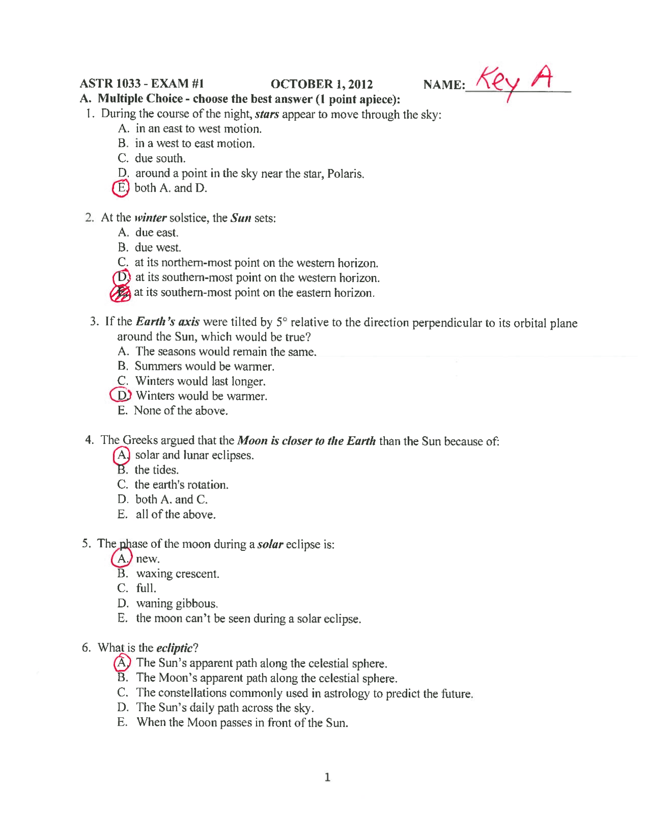 Answer Key To Exam 1 On Introduction To Astronomy Ast 1013 Docsity
