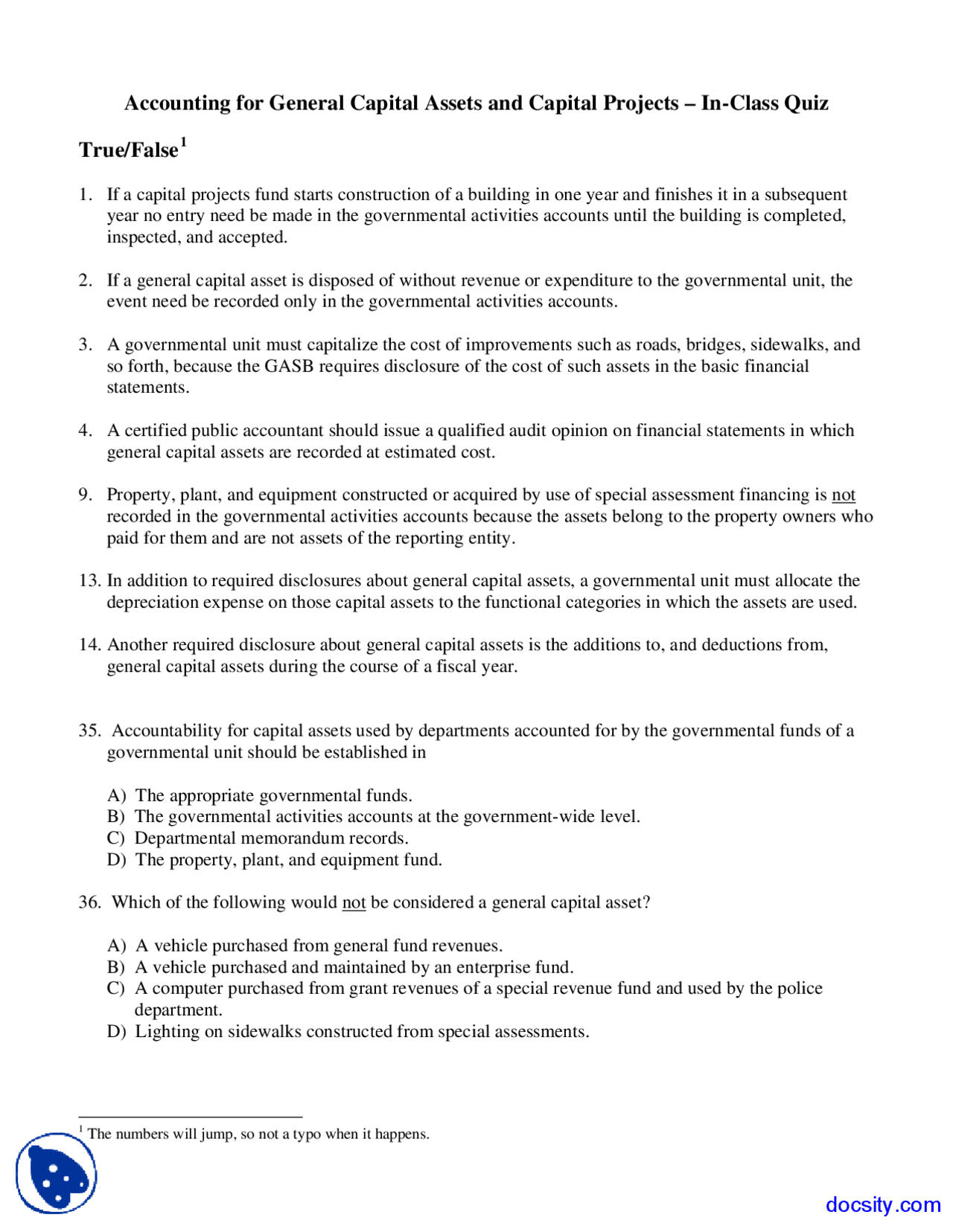 General Capital Assets - Government and Nonprofit Accounting - Quiz ...