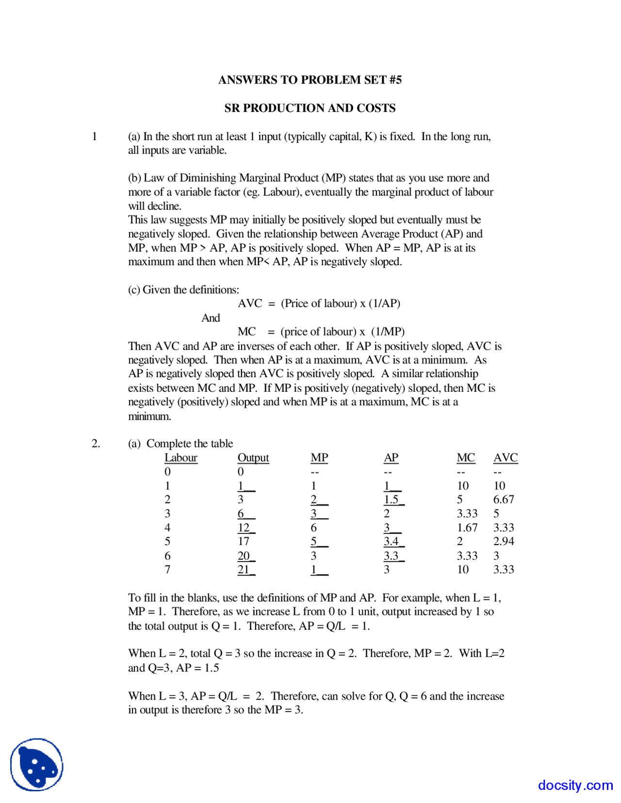 Production And Cost Introductory Economics Problems Answers Docsity