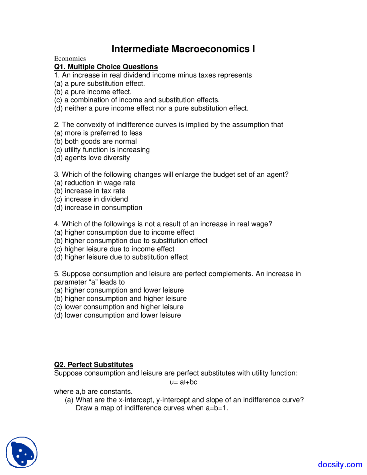 Substitution Effect Intermediate Macroeconomics Problems Docsity