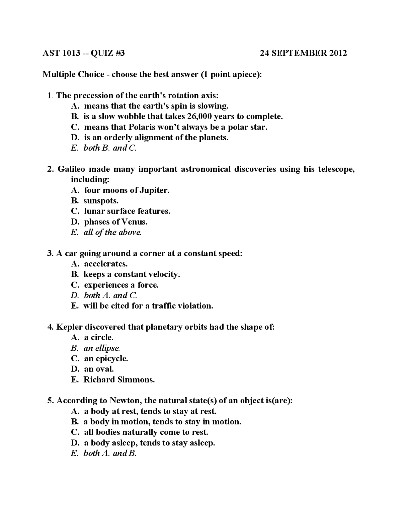 Multiple Choice Questions From Introduction To Astronomy Quiz 3 Ast