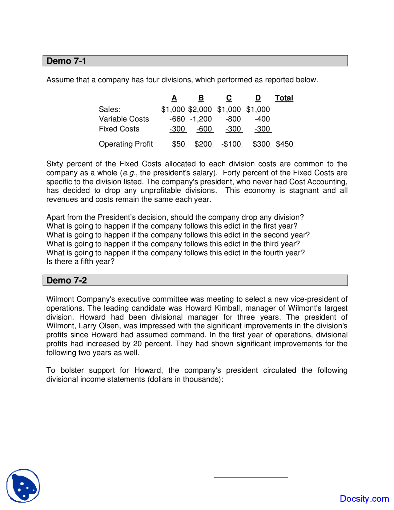 Fixed Costs Cost Accounting Quiz Exercises Cost Accounting Docsity