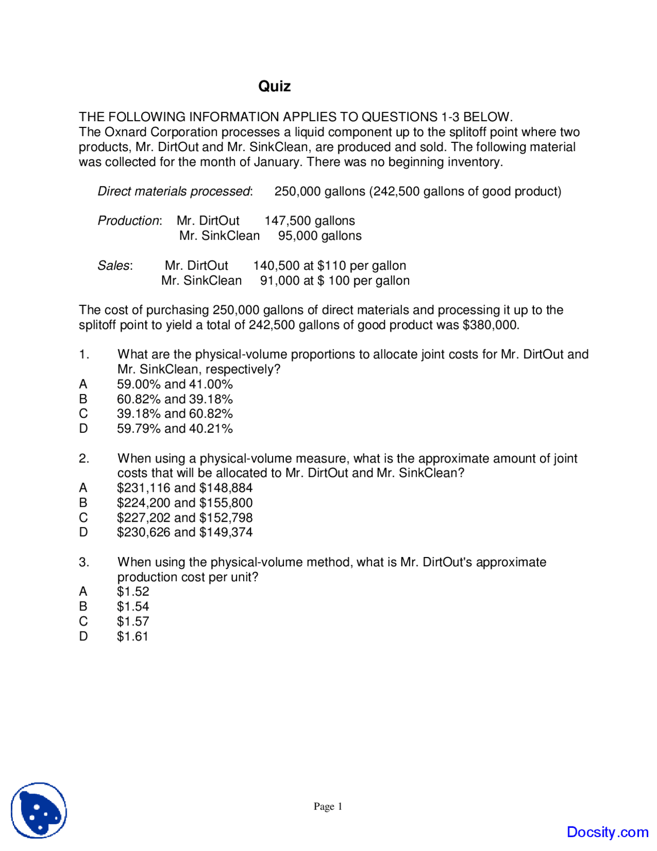 Direct Materials Processed Cost Accounting Quiz Docsity
