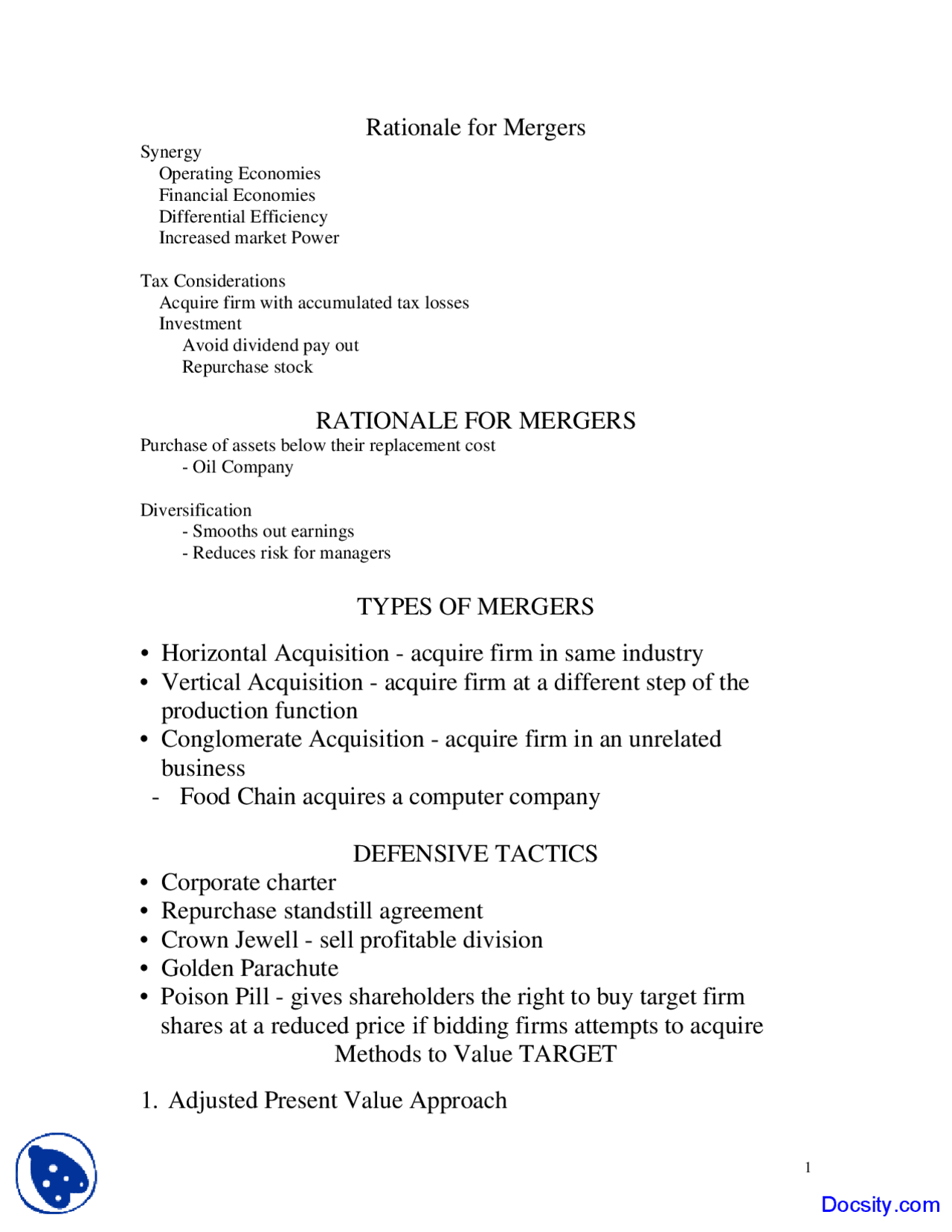Rationale for Mergers - Finance and Economics - Lecture Notes | Study ...