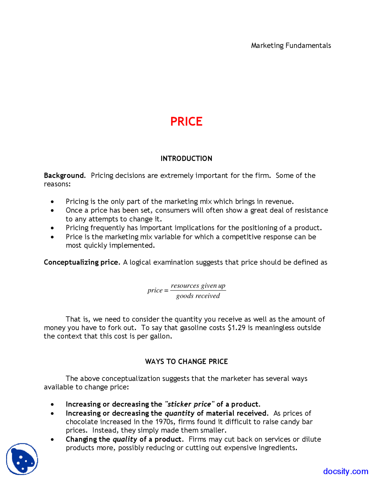 Price Introduction Basic Marketing Lecture Notes Docsity