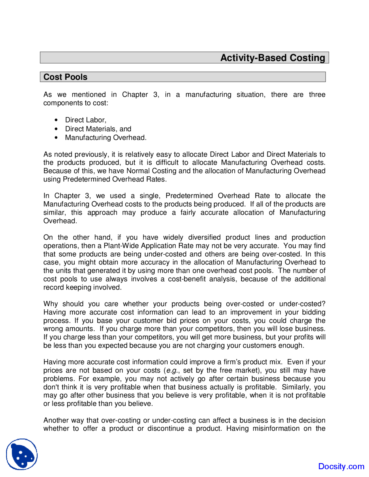 Activity Based Costing Cost Accounting Lecture Notes Docsity