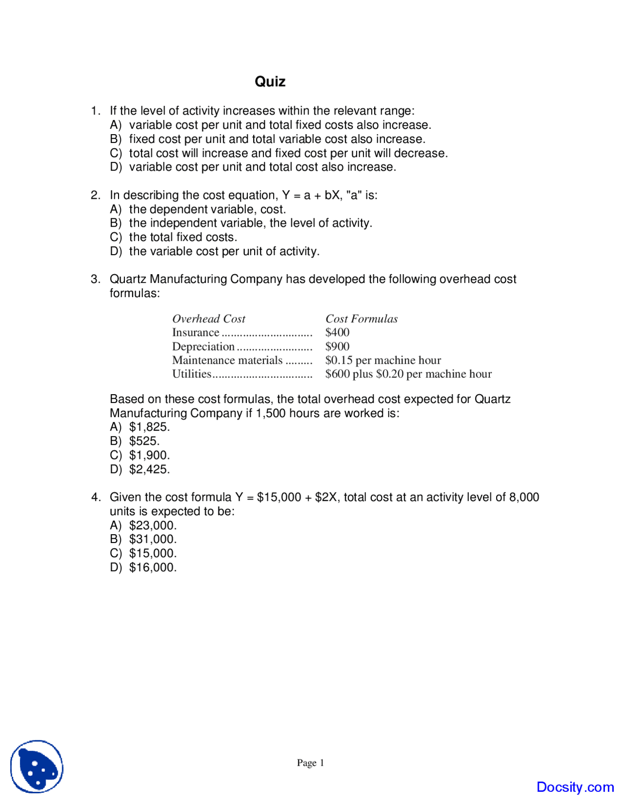 Cost Equation Cost Accounting Quiz Docsity