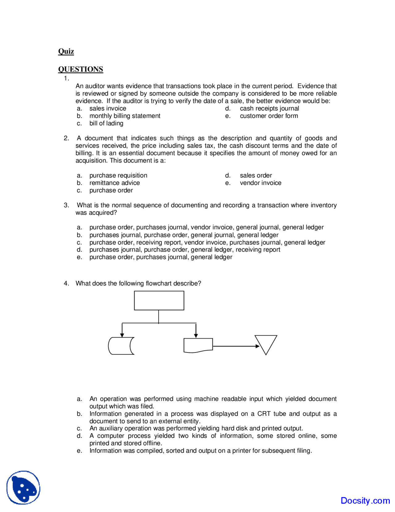 Sequence Of Documenting Accounting Information Systems Quiz Docsity