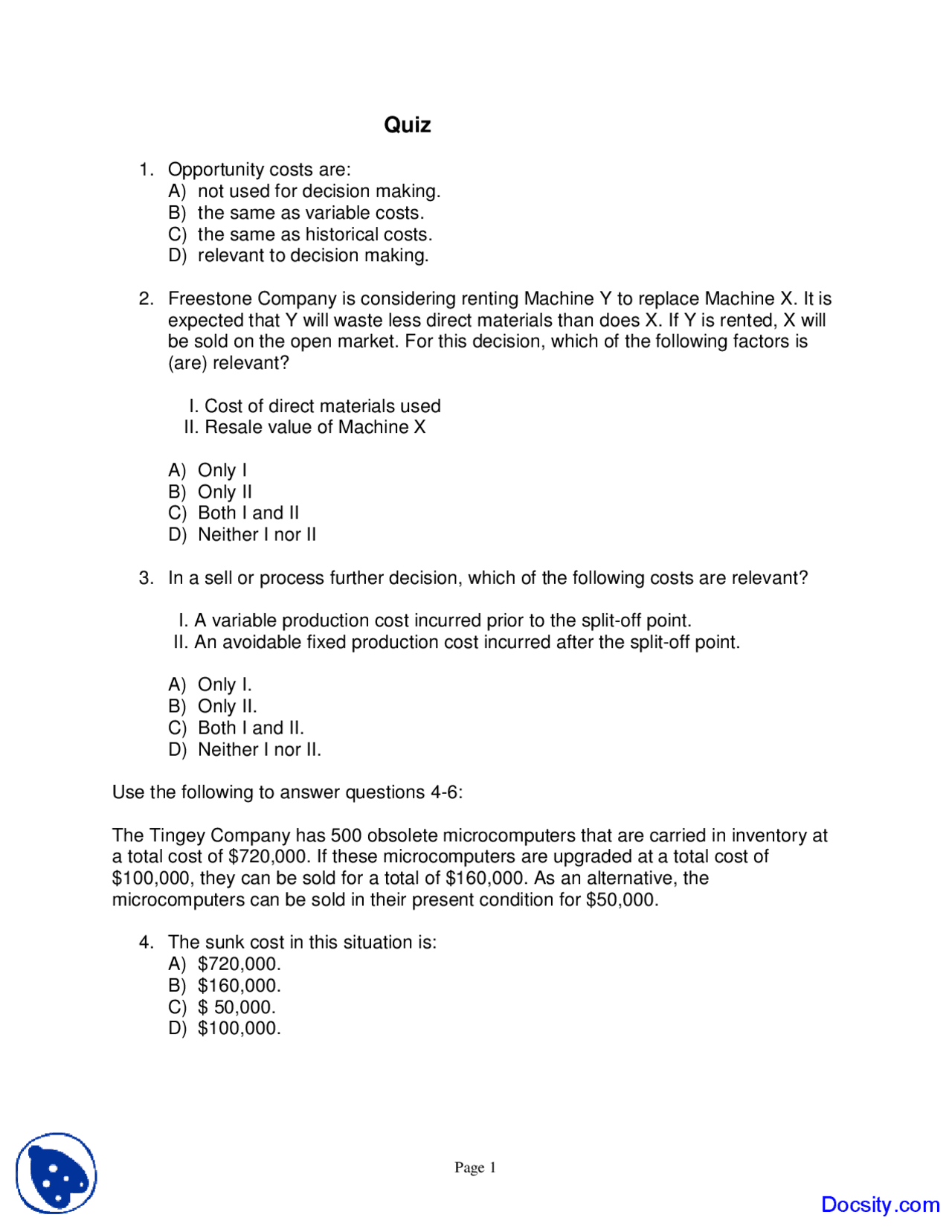 Cost Of Direct Materials Cost Accounting Quiz Docsity