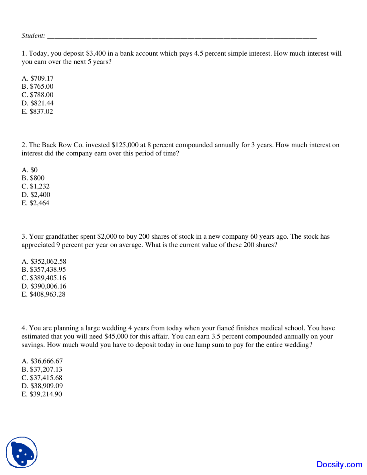 Bank Account - Finance and Economics - Quiz - Docsity