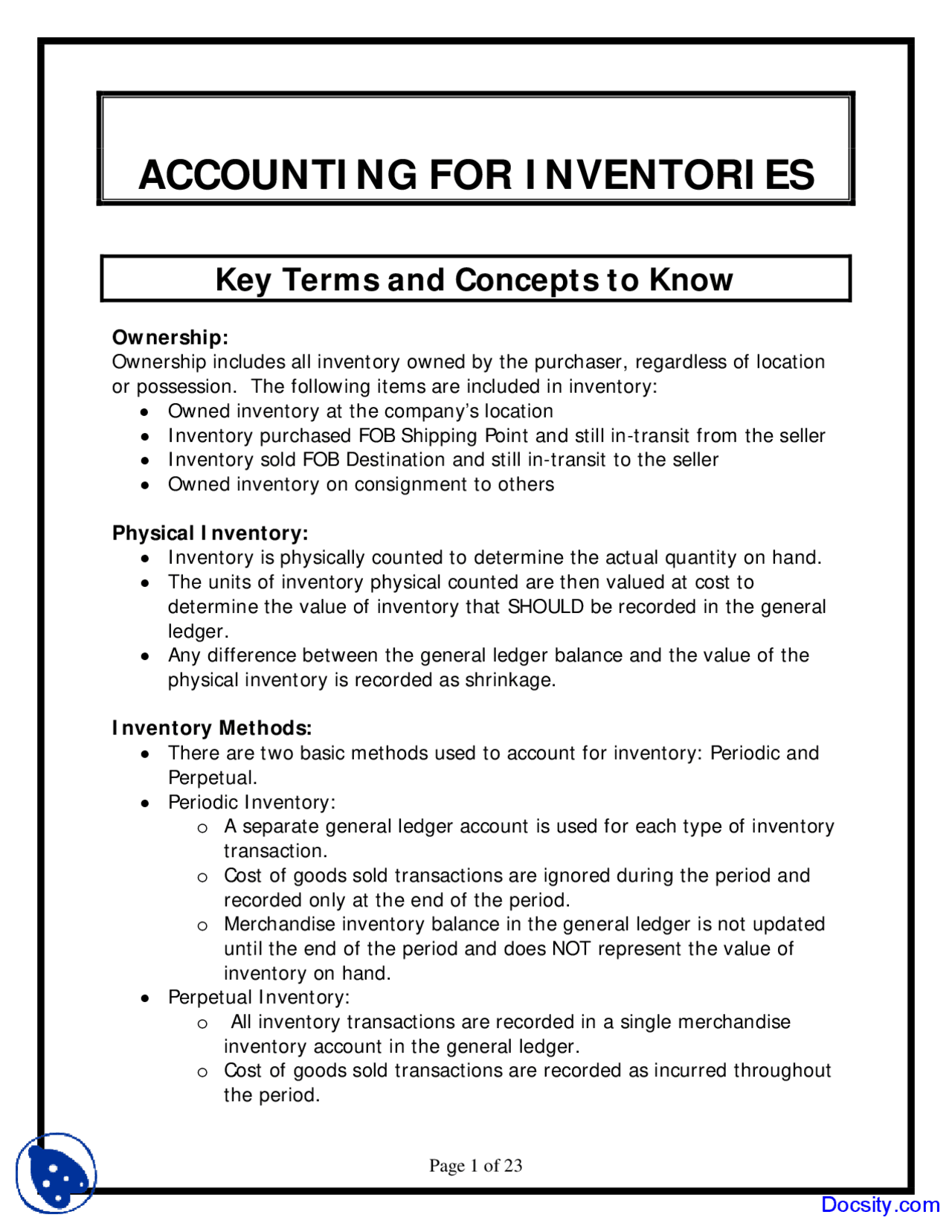 Accounting For Inventories Financial Accounting Lecture Notes Docsity