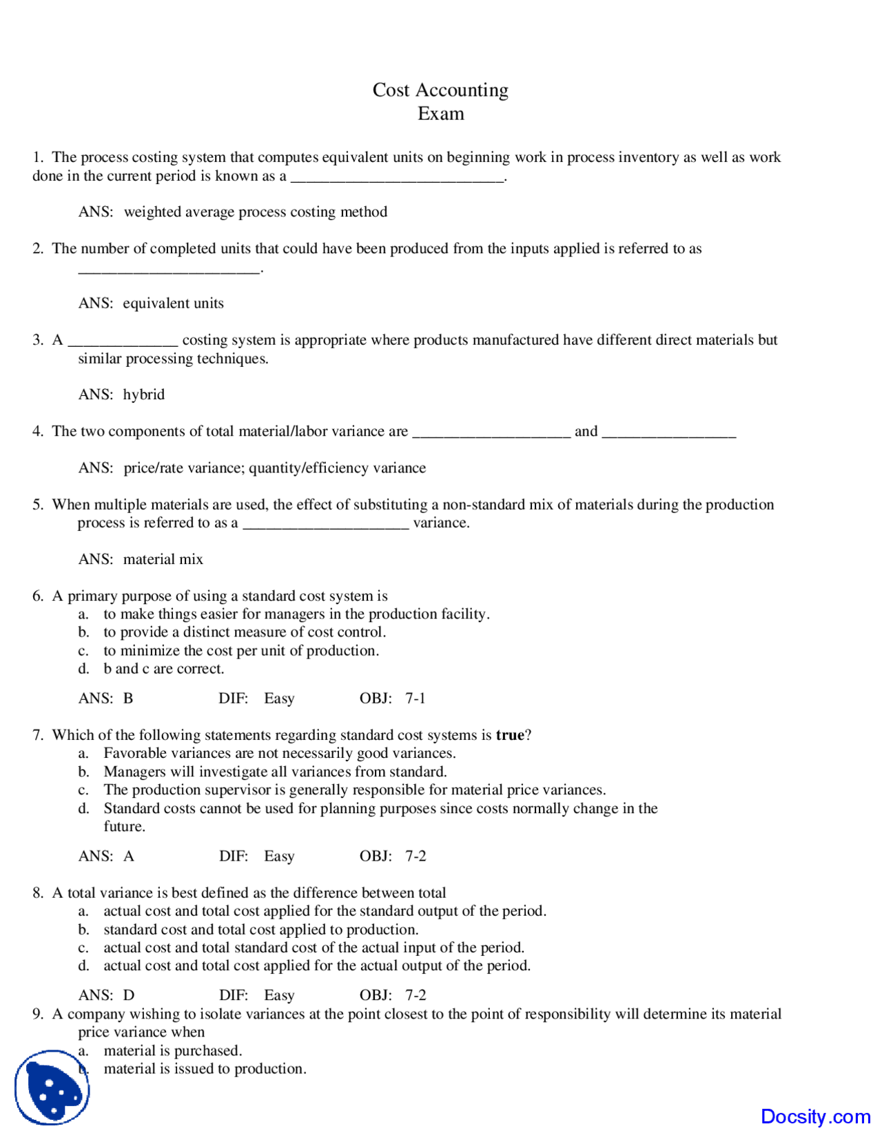 Weighted Average Process Costing Method Cost Accounting Solved Exam