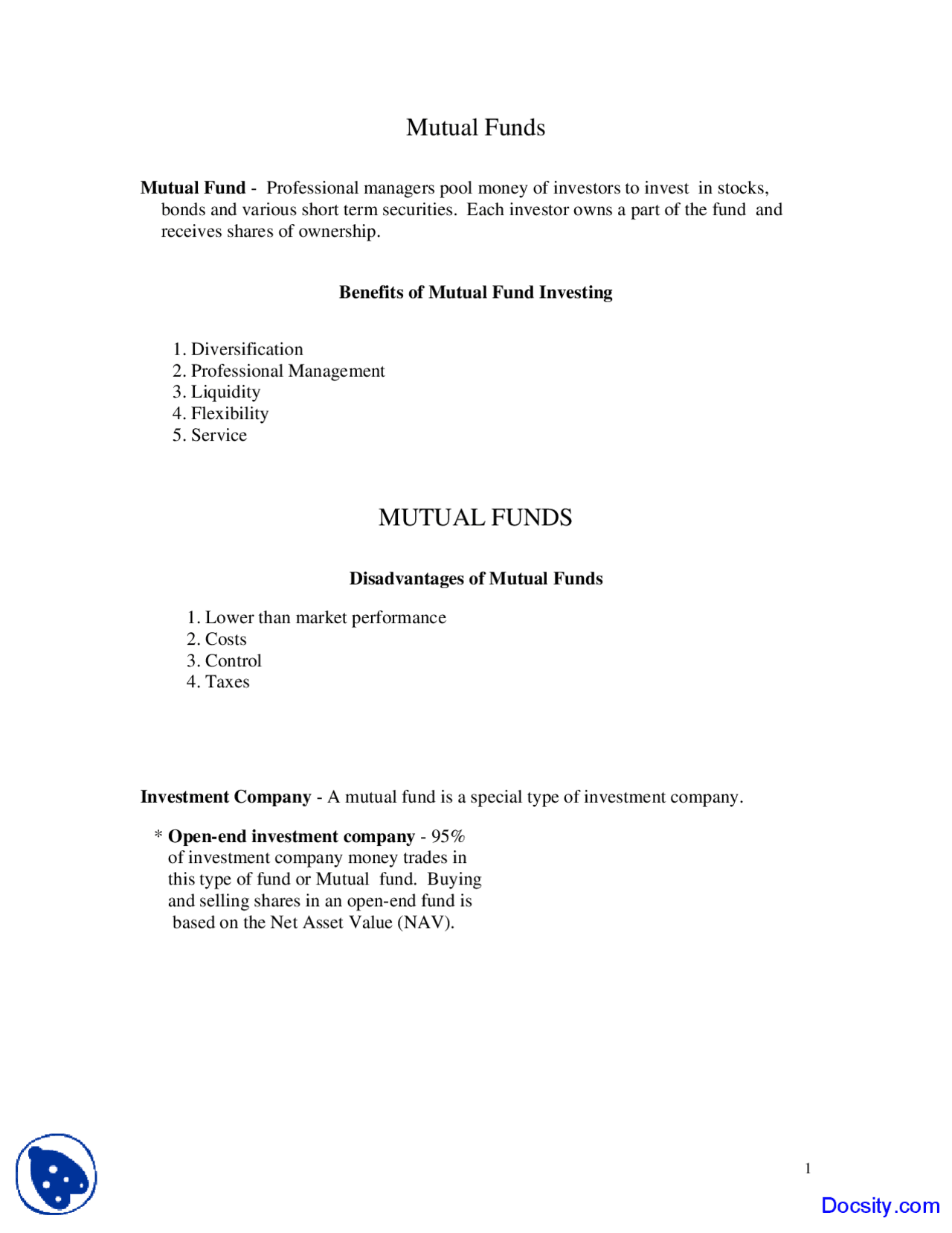 Mutual Funds - Finance and Economics - Lecture Notes | Study notes ...
