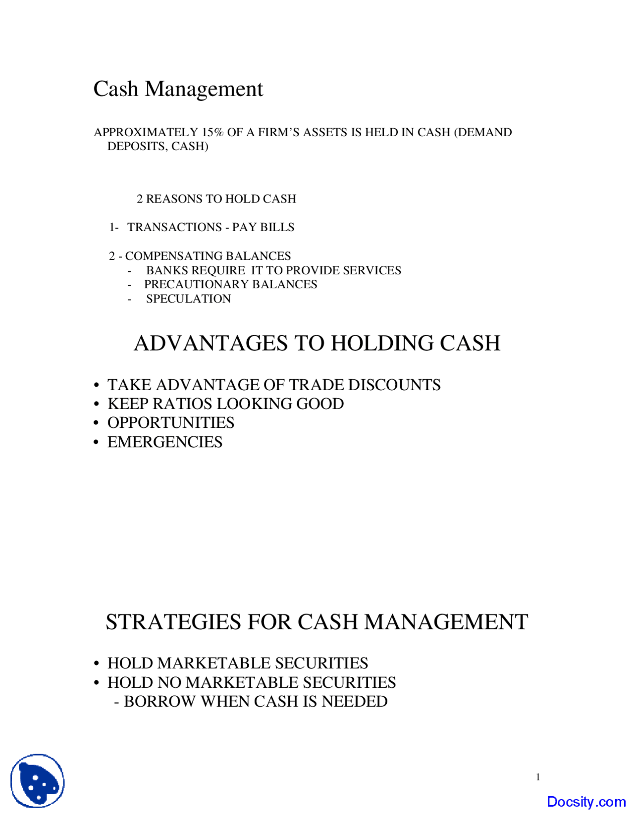Cash Management - Finance and Economics - Lecture Notes | Study notes ...