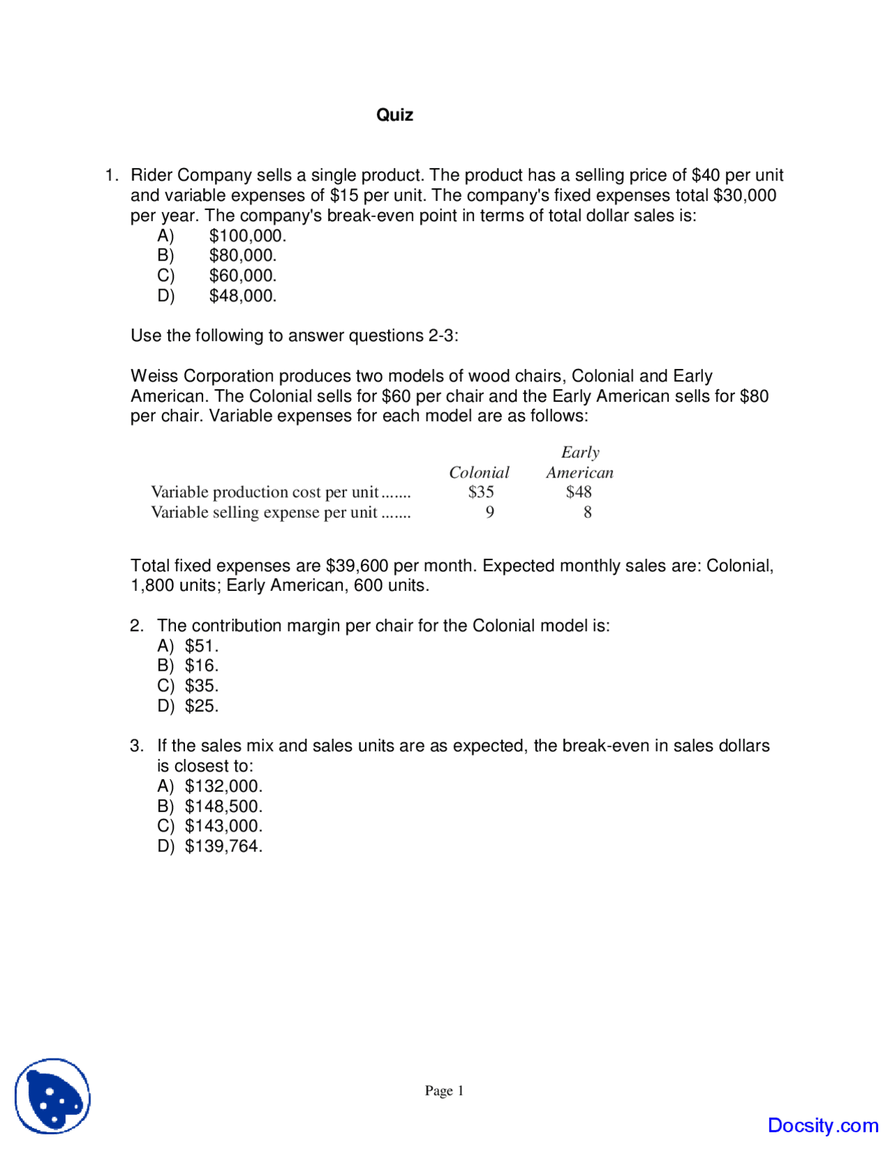 Variable Production Cost Cost Accounting Quiz Docsity