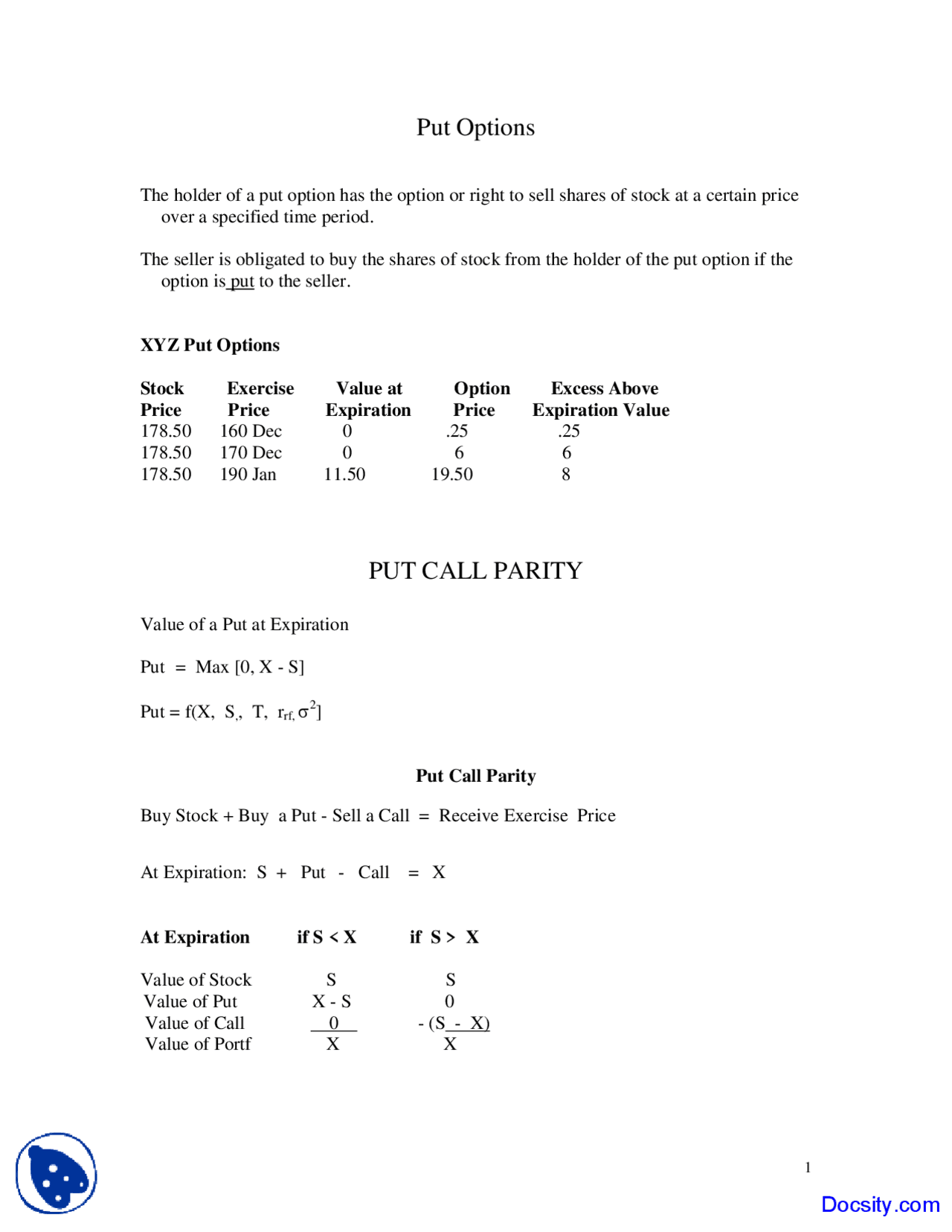 Put Options - Finance and Economics - Lecture Notes - Docsity