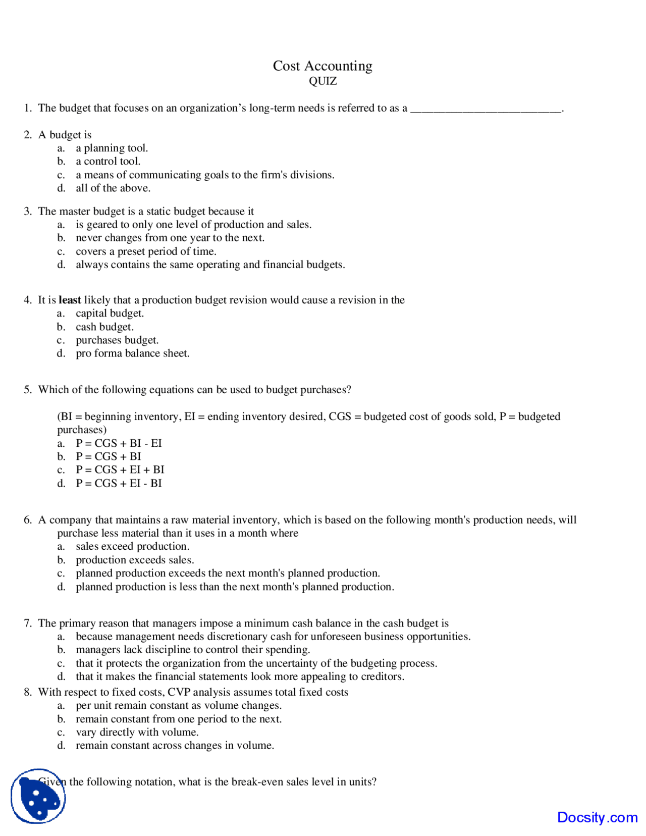 Master Budget Cost Accounting Quiz Docsity