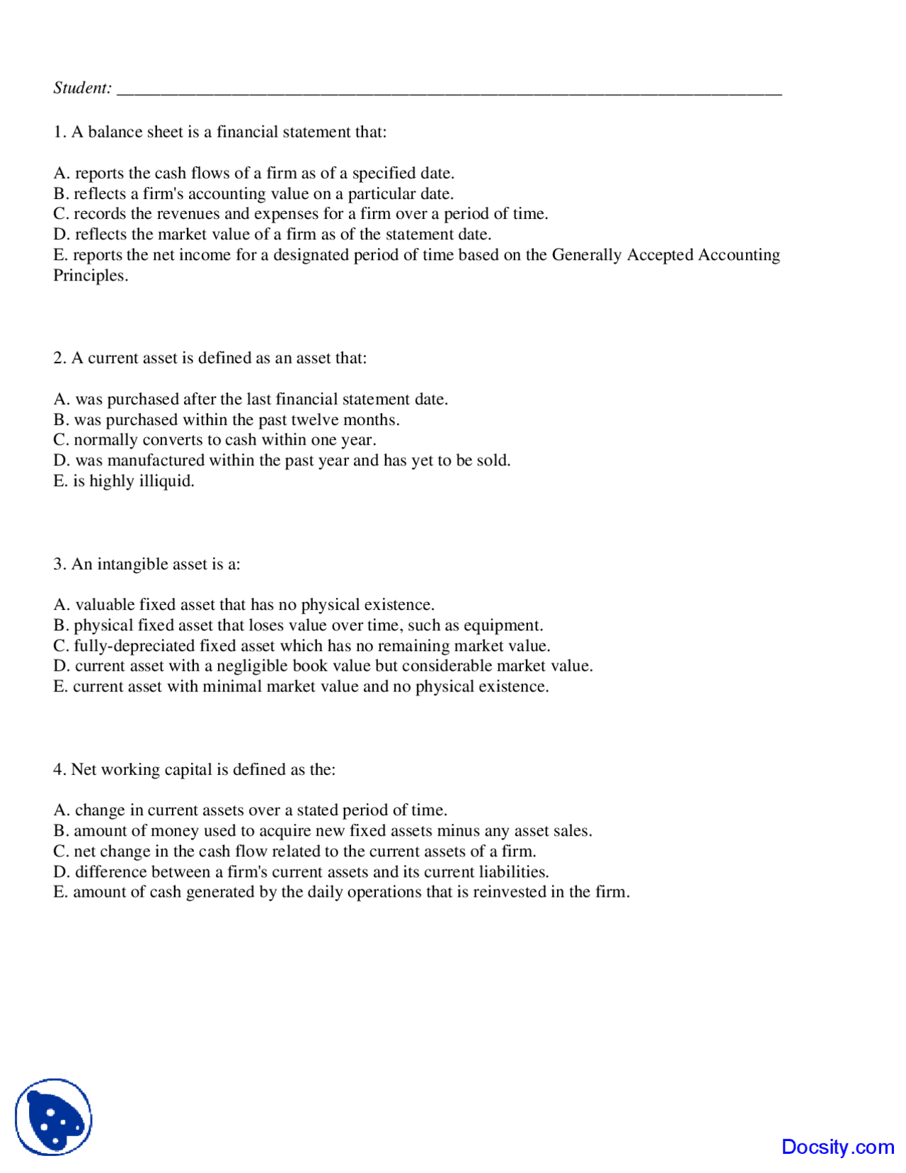 Balance Sheet - Finance and Economics - Quiz | Exercises Finance - Docsity