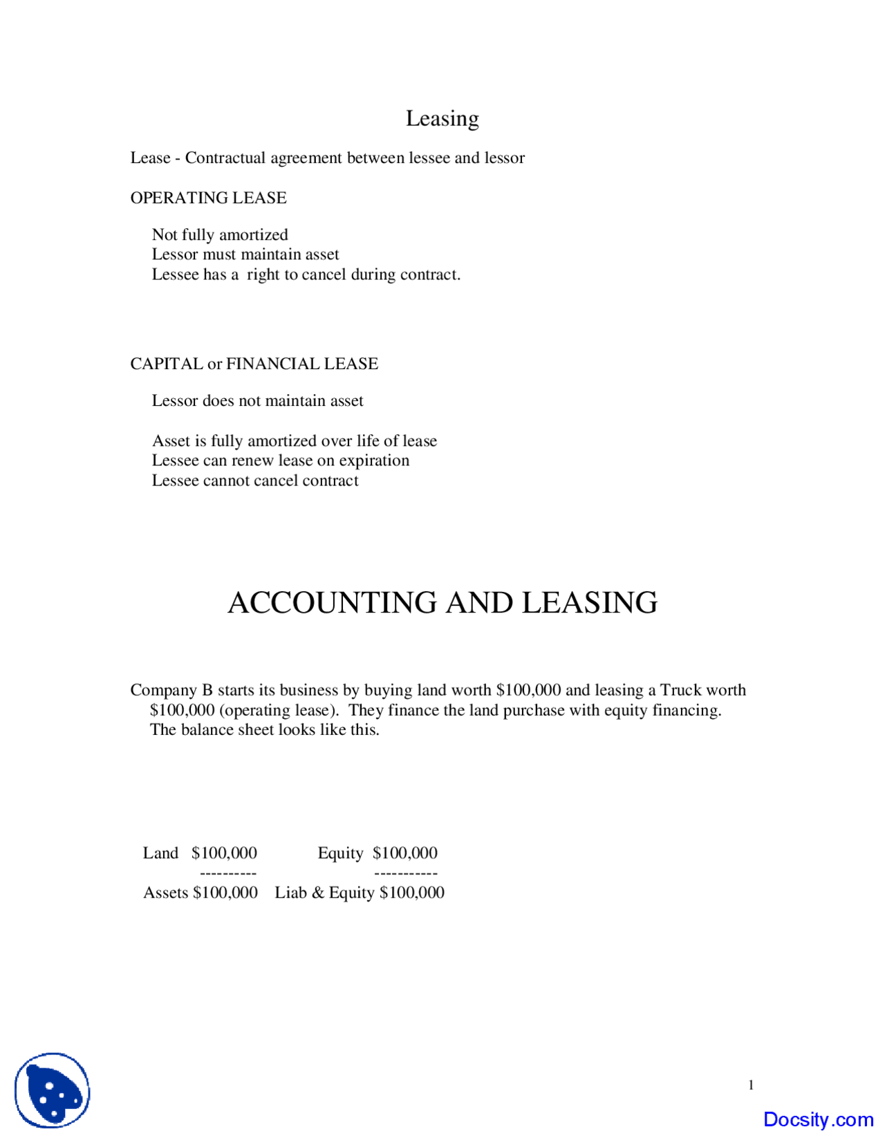 Leasing - Finance and Economics - Lecture Notes - Docsity