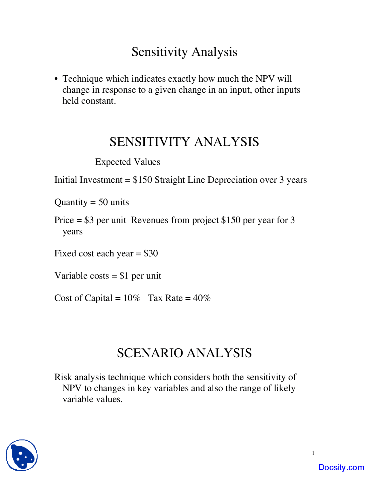 Sensitivity Analysis Finance And Economics Lecture Notes Docsity