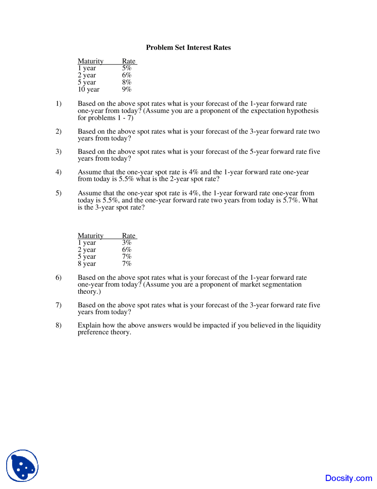 Interest Rates - Finance and Economics - Homework - Docsity