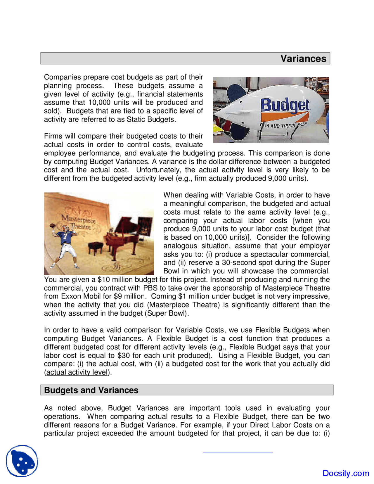 Budgets And Variances Cost Accounting Lecture Notes Docsity