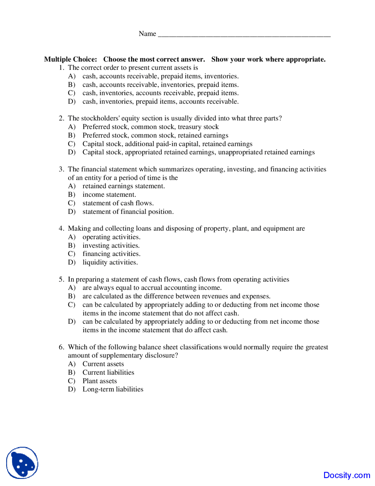 Financial Statement Intermediate Accounting Quiz Docsity