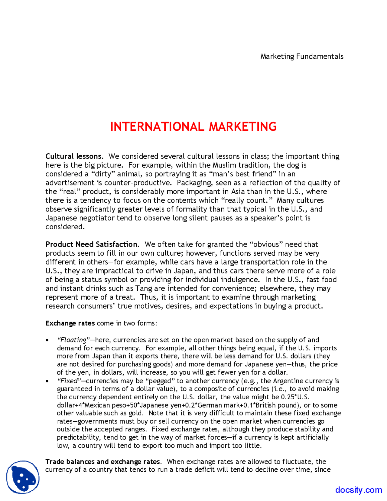 International Marketing Basic Marketing Lecture Notes Docsity