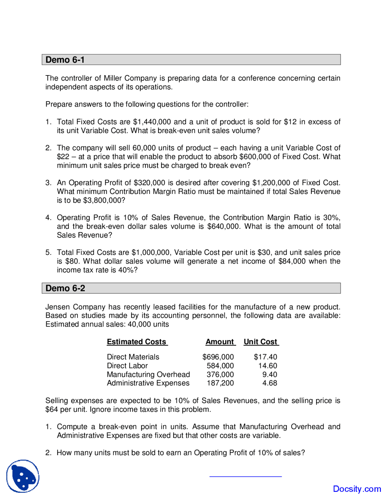 Total Fixed Costs Cost Accounting Quiz Docsity