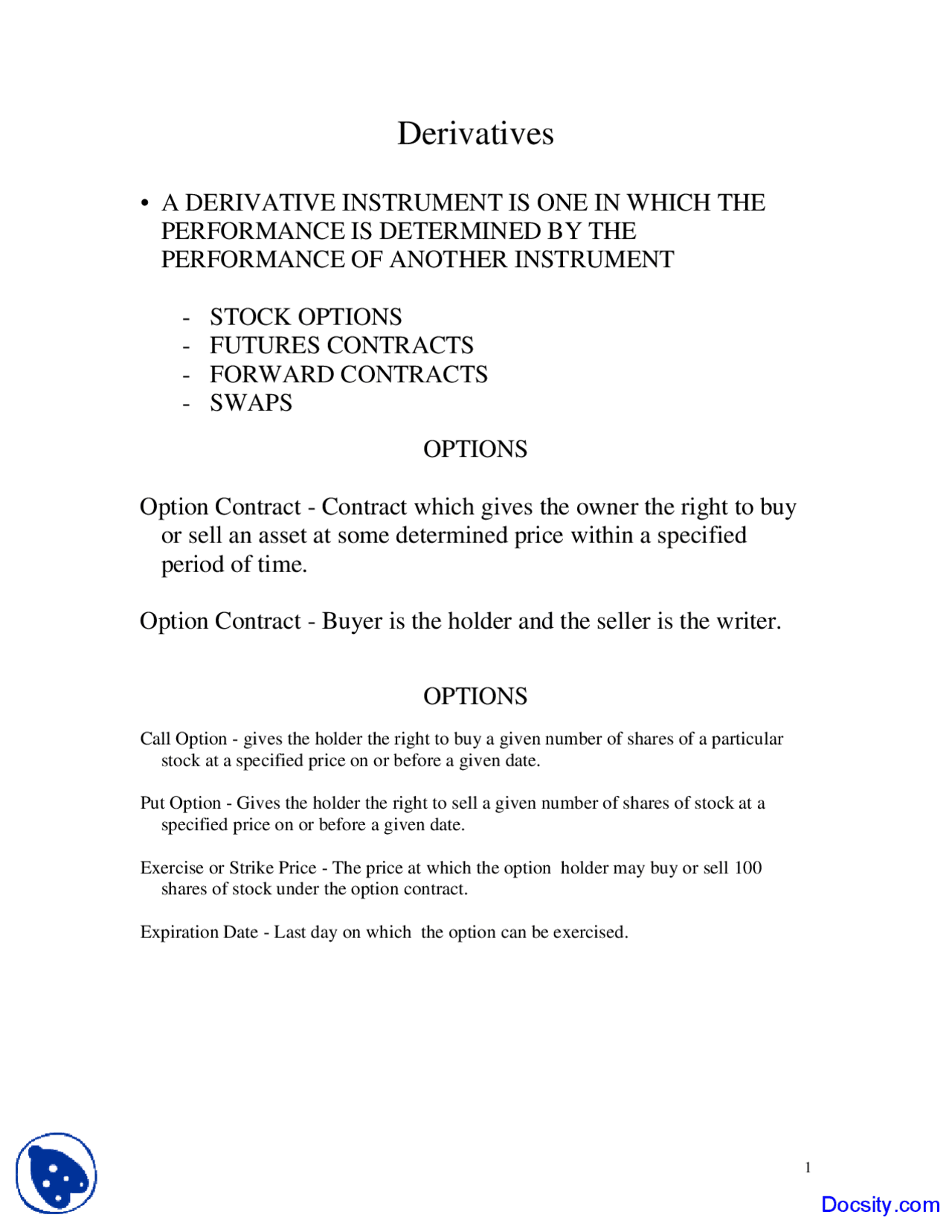 Derivatives Finance And Economics Lecture Notes Docsity
