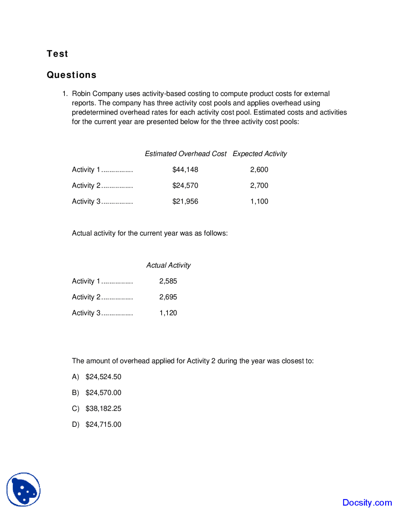 Activity Based Costing Intermediate Accounting Quiz Docsity