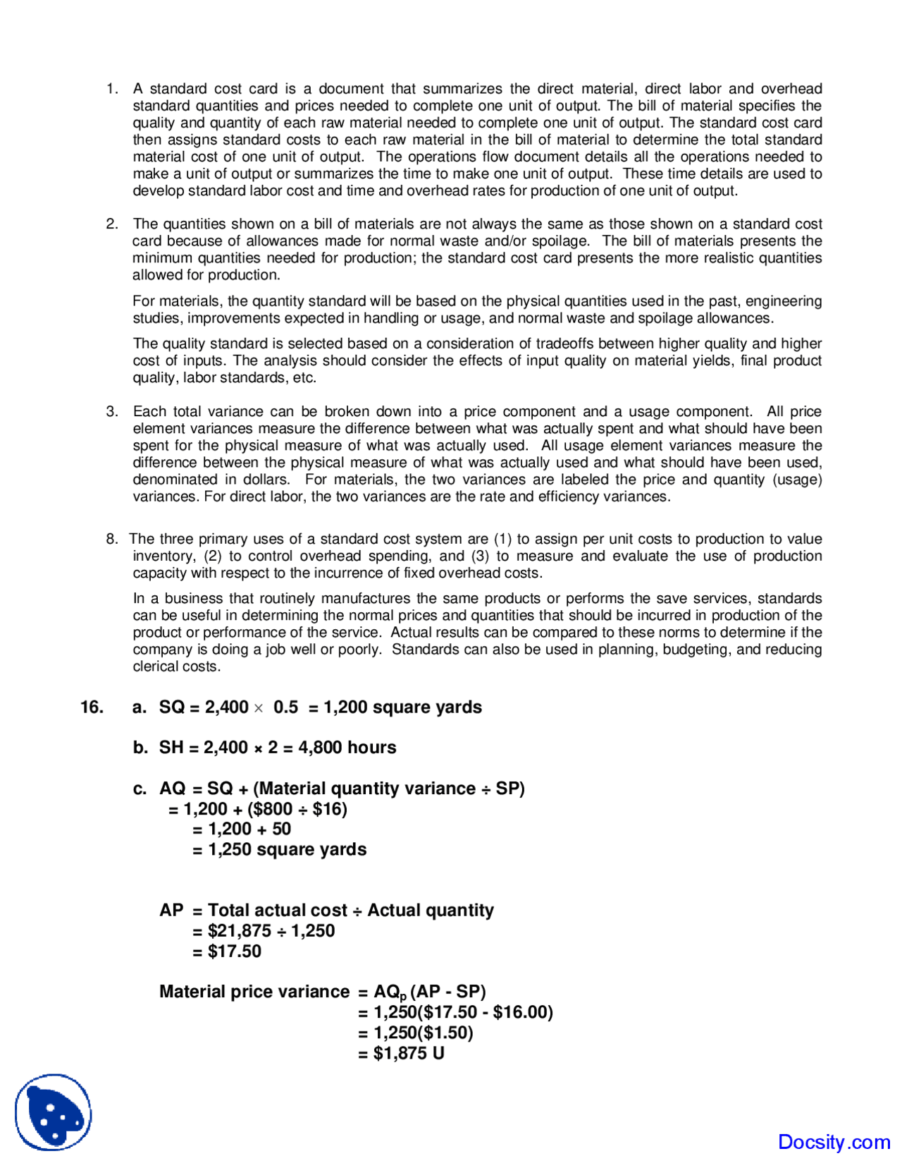 Standard Cost Card - Cost Accounting - Homework - Docsity