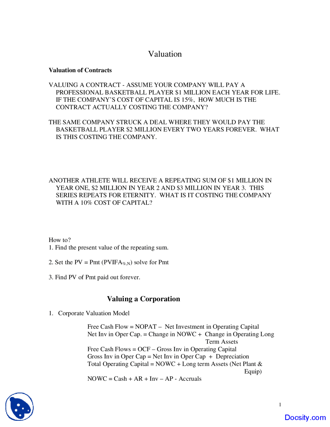 Valuation Finance And Economics Lecture Notes Docsity