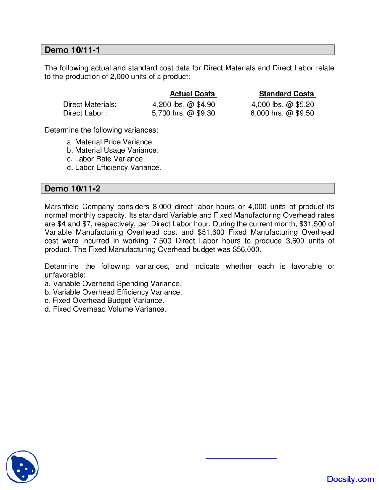 Material Price Variance Cost Accounting Quiz Docsity
