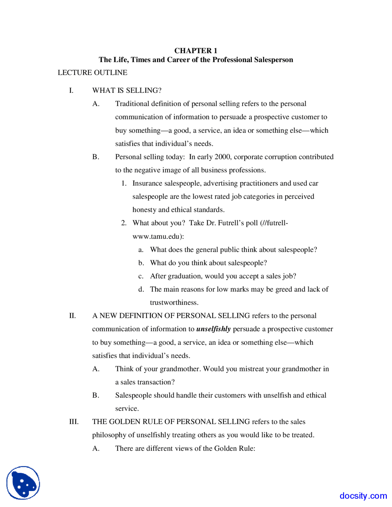 Professional Salesperson Fundamentals Of Selling Lecture Notes