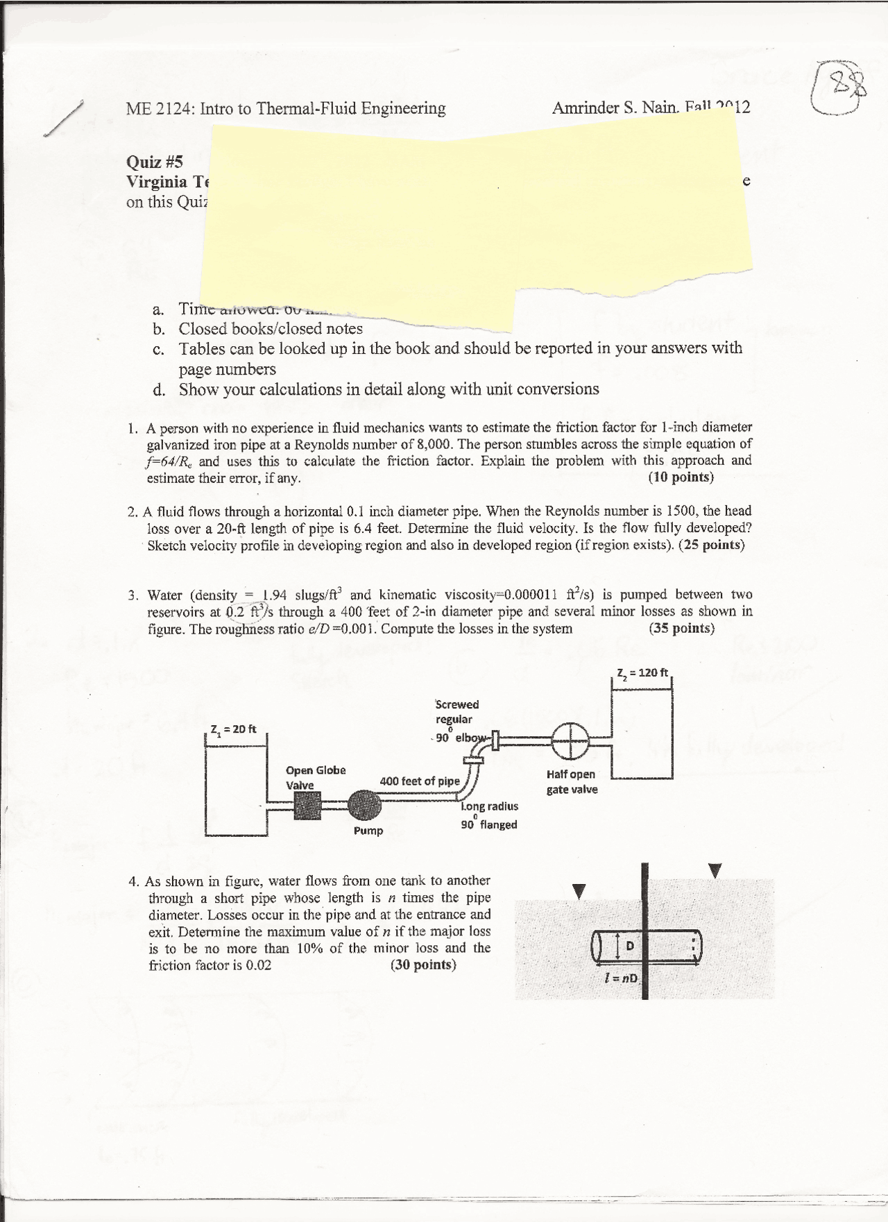 Quiz 5 All Problems Introduction To Thermal Fluid Me 2124 Docsity
