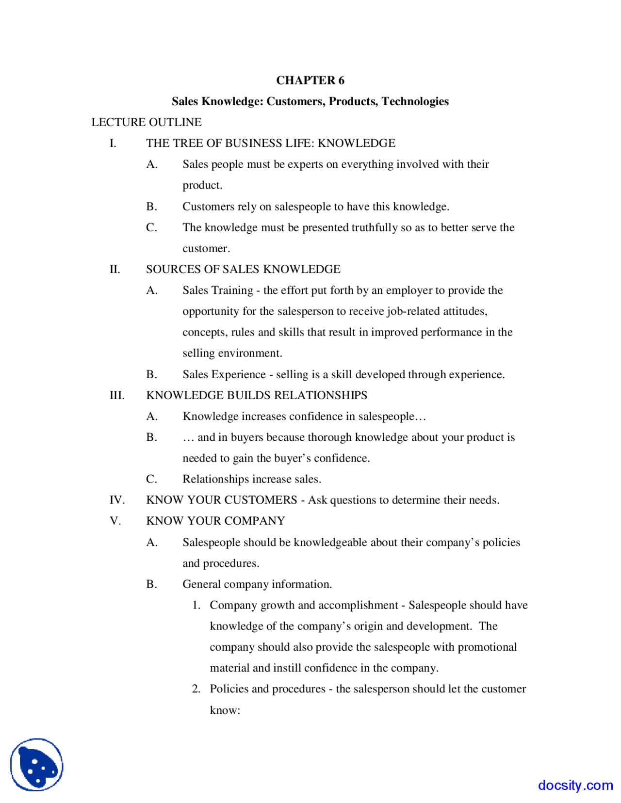 Sales Knowledge Fundamentals Of Selling Lecture Notes Docsity