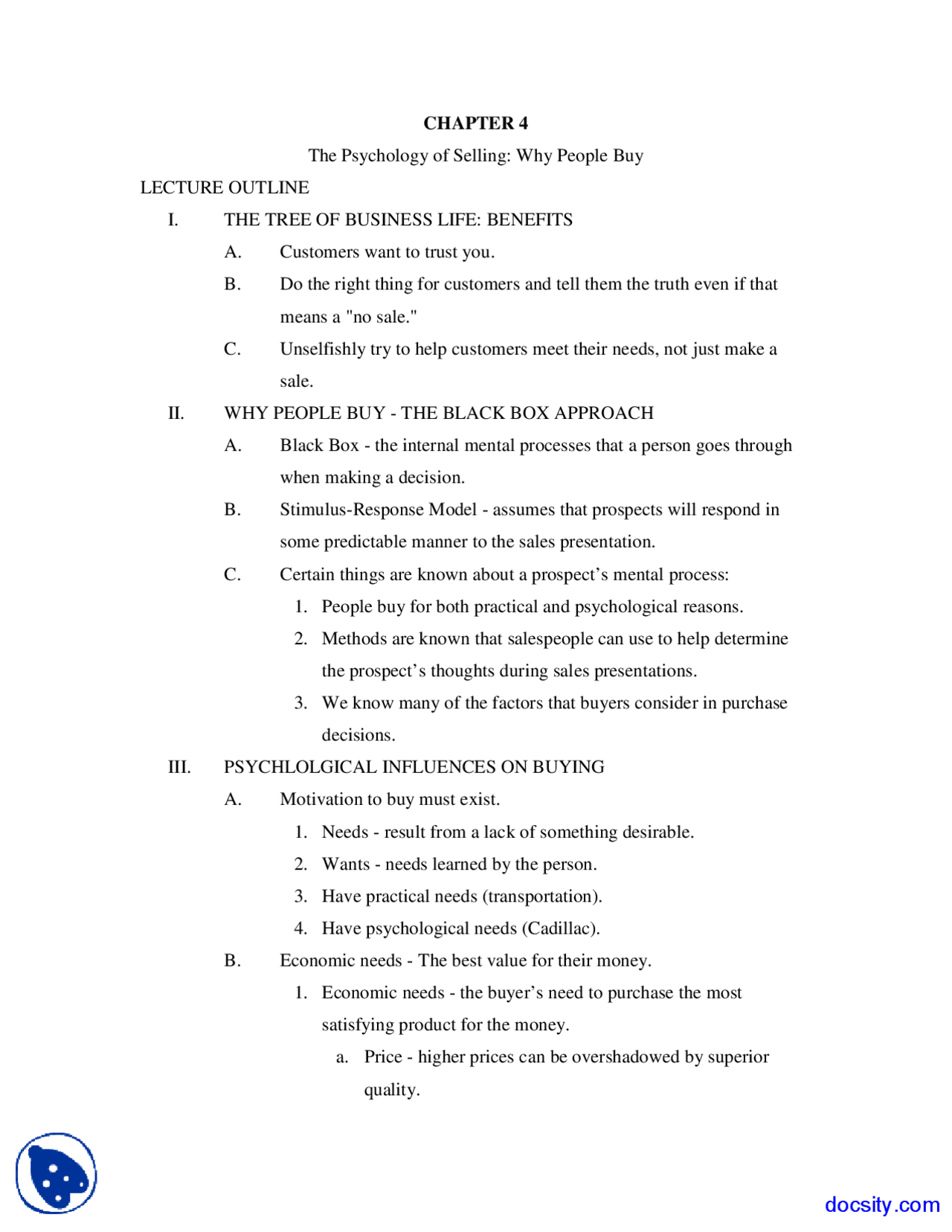 Psychology Of Selling Fundamentals Of Selling Lecture Notes Docsity