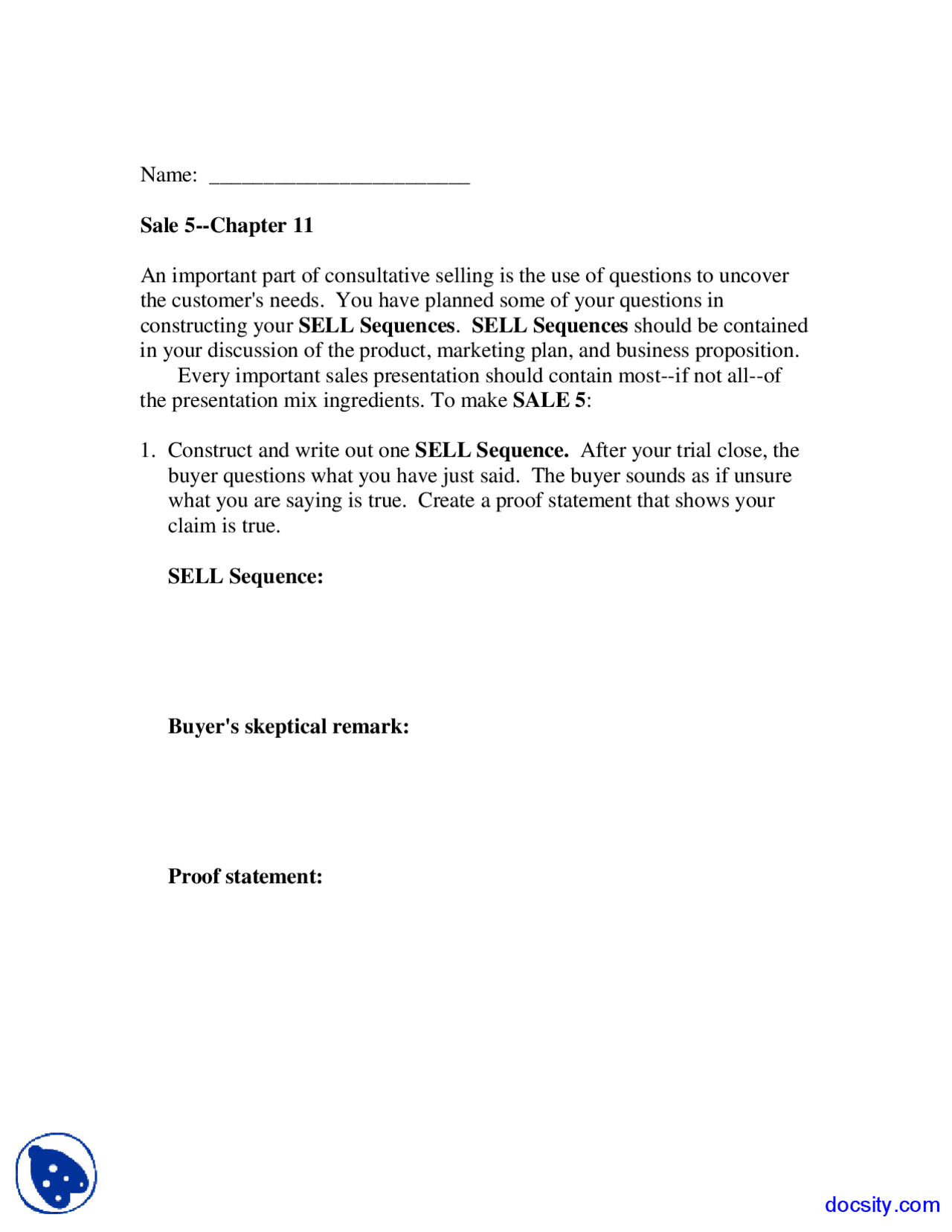 Sell Sequences - Fundamentals of Selling - Assignments - Docsity