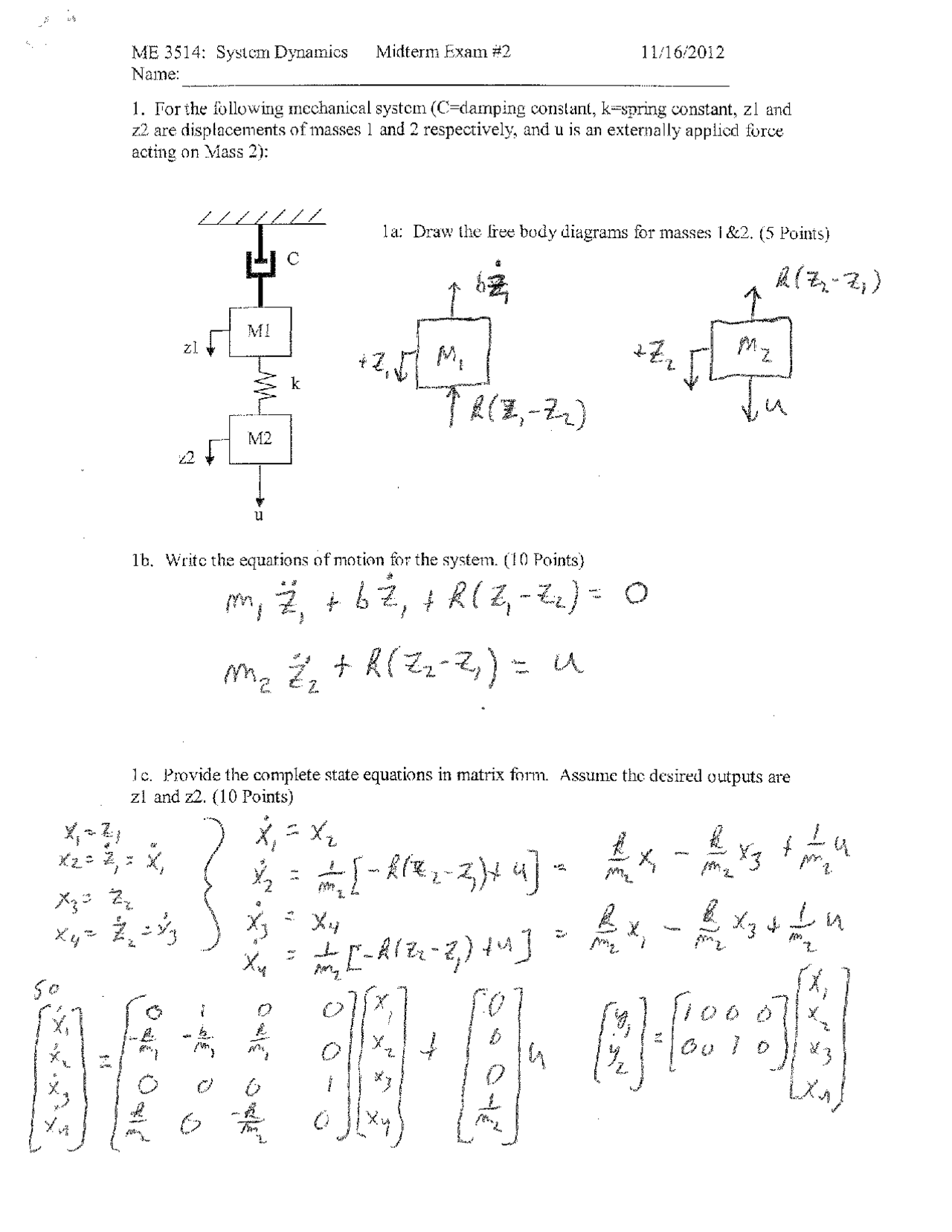 Midterm Exam With Solution System Dynamics Me 3514 Docsity