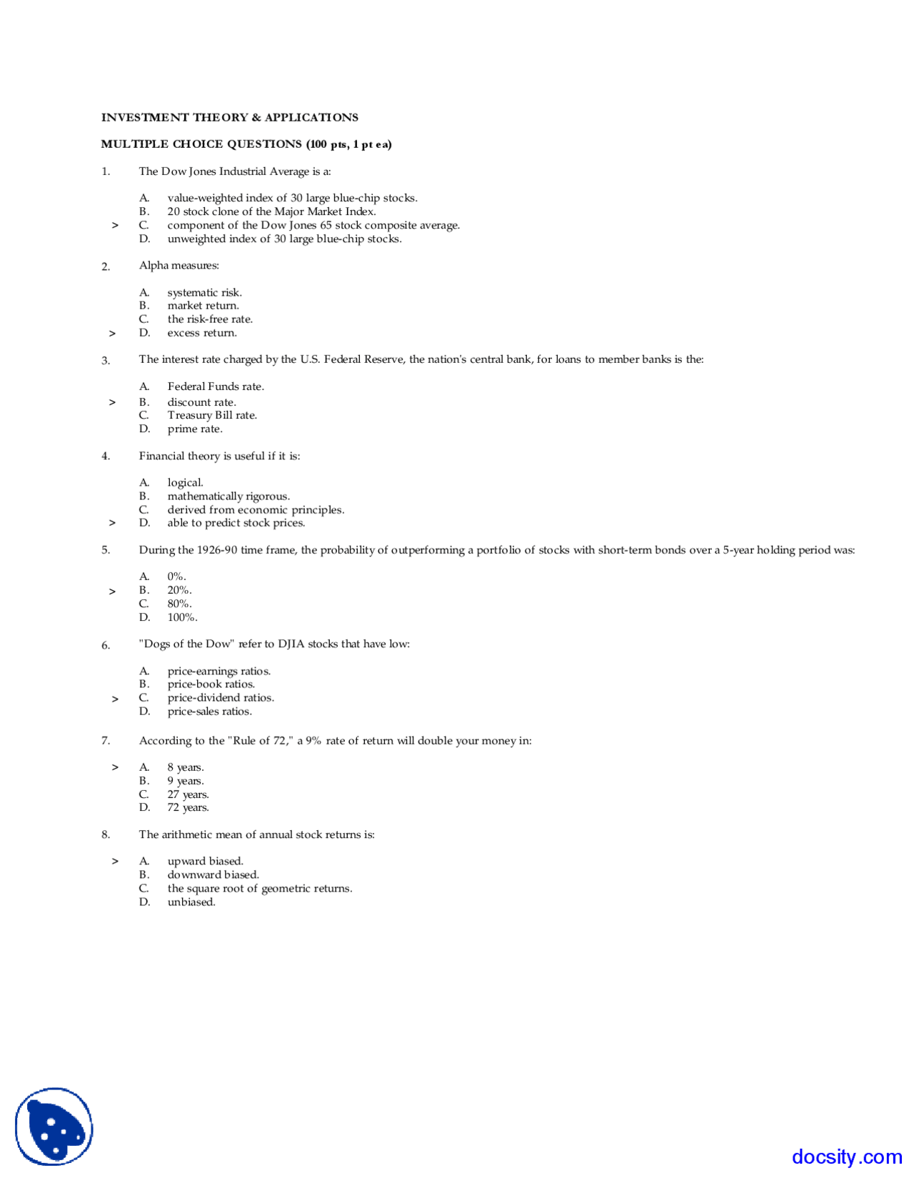 Systematic Risk Investment Theory And Applications Exam Key Docsity