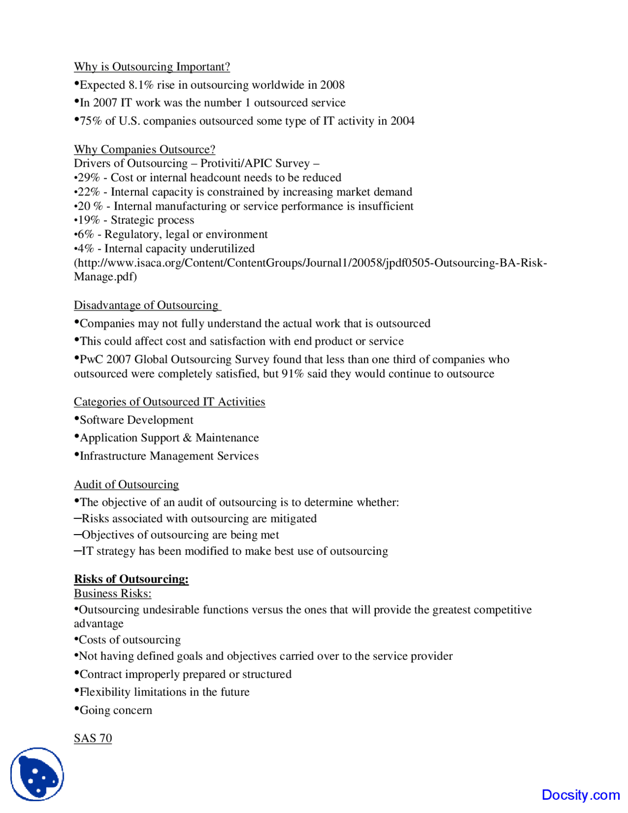 Outsourcing Resource Management Lecture Notes Docsity