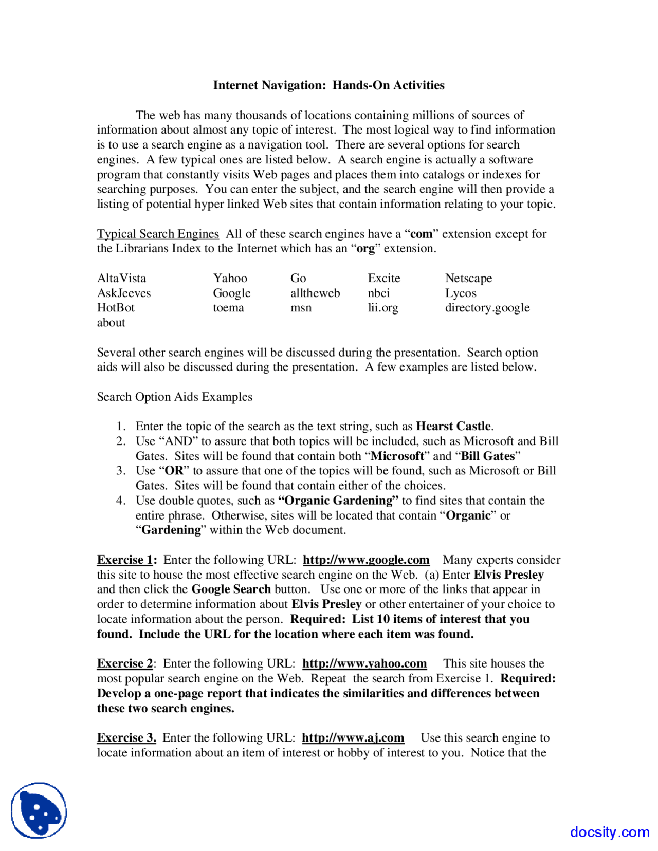 Internet Navigation Electrical Learning Lecture Notes Docsity