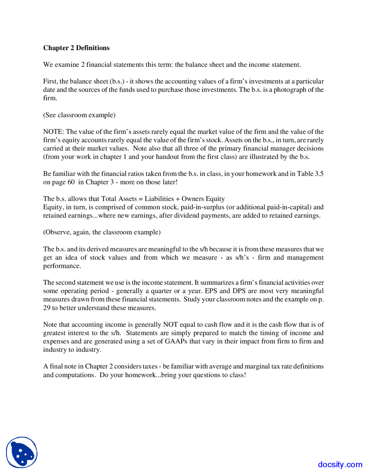 Financial Statements Principles Of Finance Lecture Notes Docsity