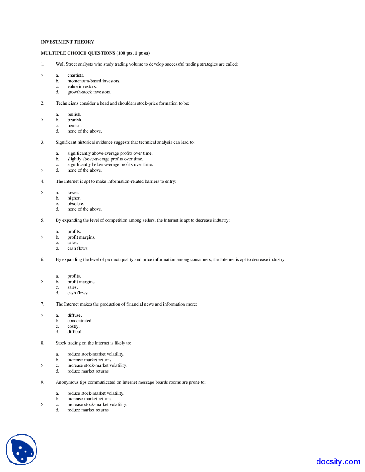 Wall Street Analysts Investment Theory Past Solved Exam Docsity