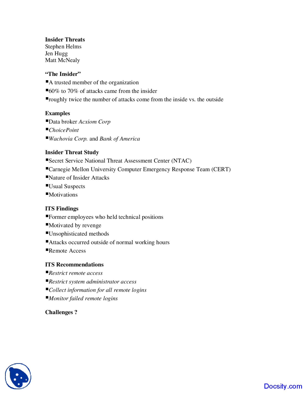 Insider Threats Resource Management Lecture Notes Docsity