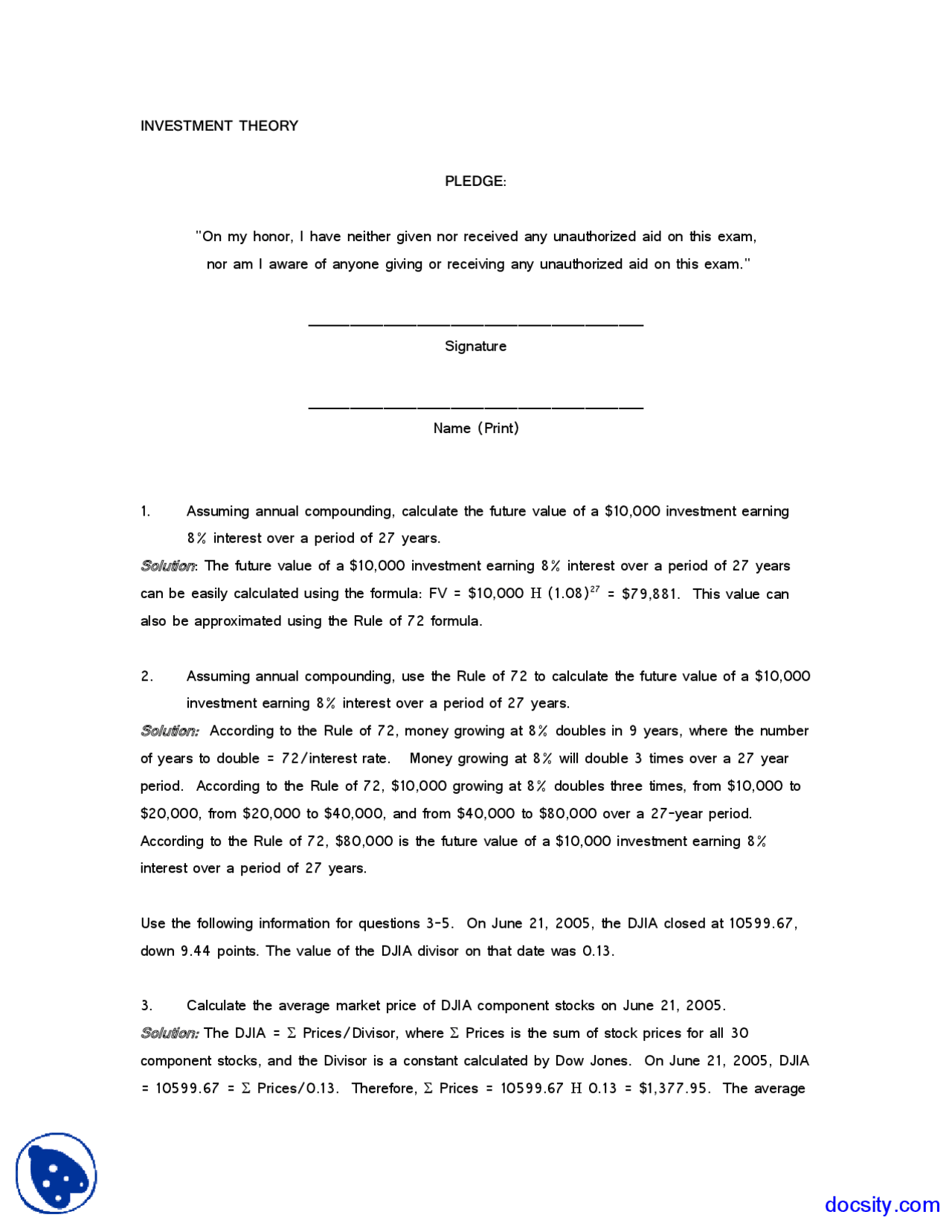 Investment Earning Investment Theory Past Solved Exam Docsity