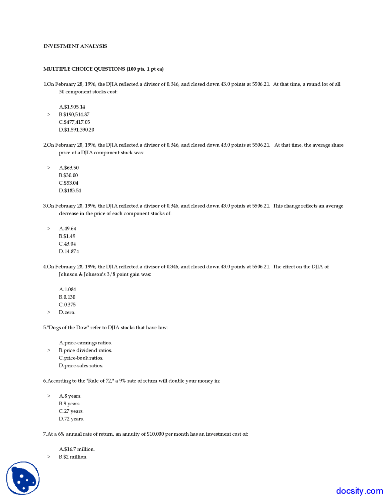 Component Stocks Investment Theory Past Solved Exam Exams