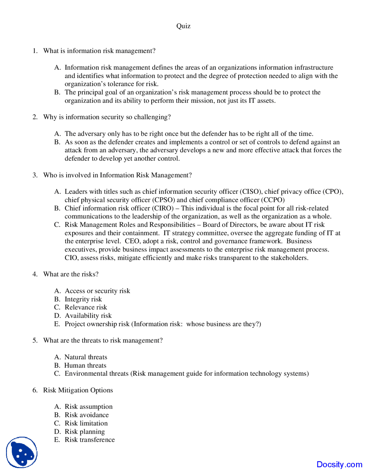 Information Risk Management - Risk Management - Quiz - Docsity