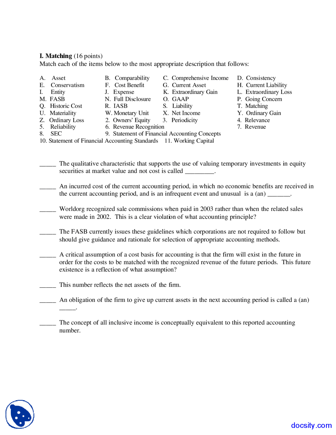 Matching Intermediate Accounting Exam Docsity